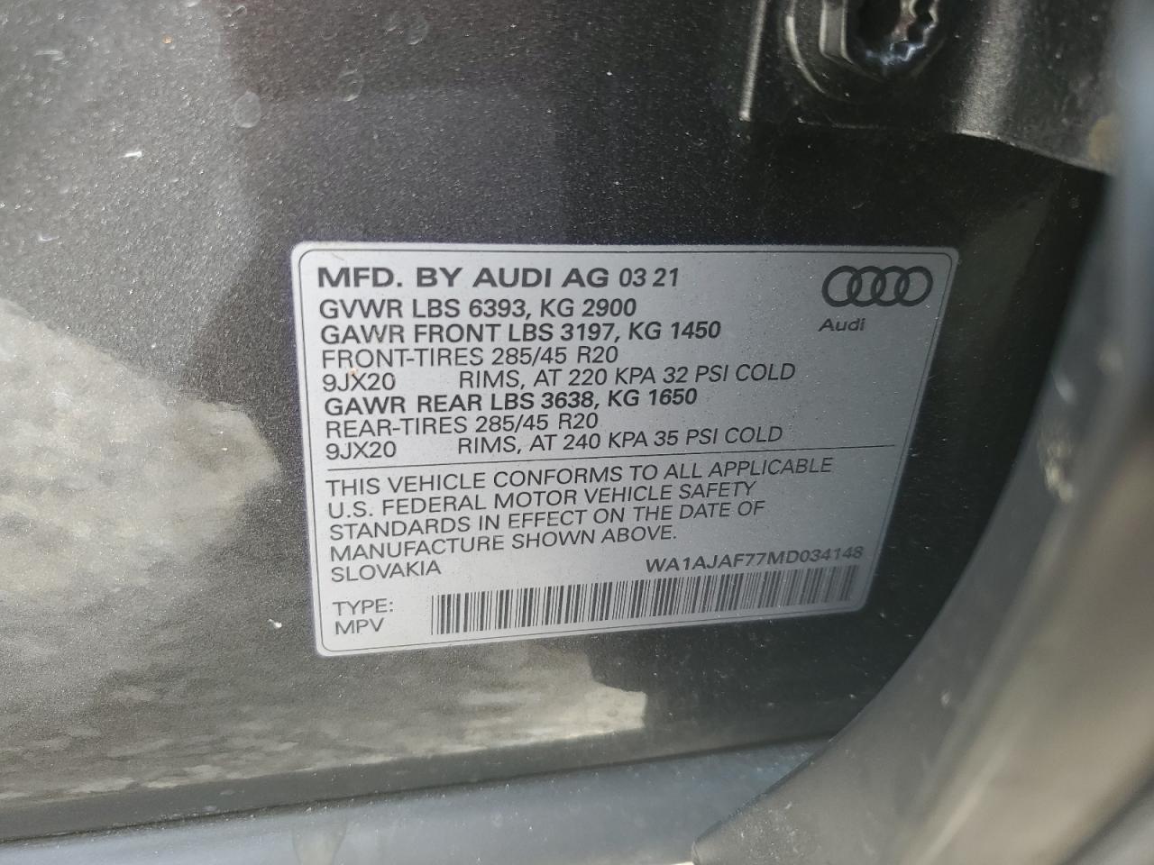 Used 2021 Audi Q7 2.0 WA1AJAF77MD034148 from Salvage Auction USA