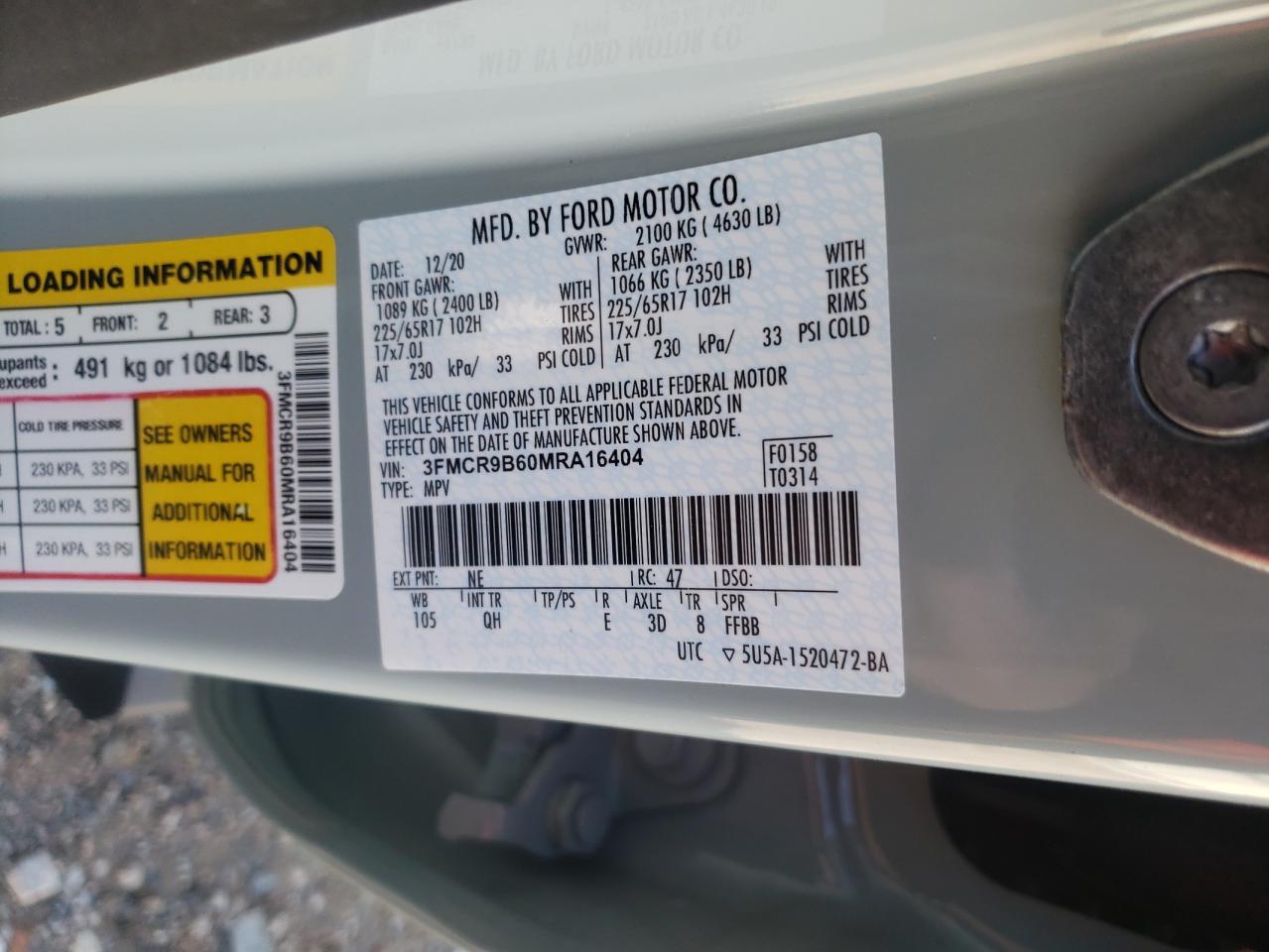 2021 FORD BRONCO SPO 1.5L 3 , VIN: 3FMCR9B60MRA16404