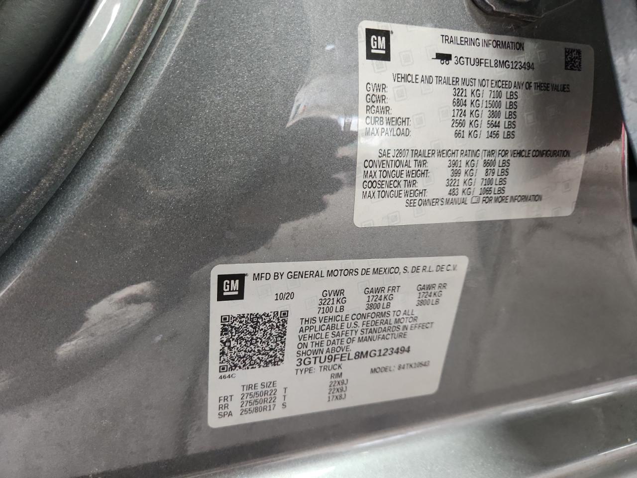 2021 GMC SIERRA K15 6.2L 8 , VIN: 3GTU9FEL8MG123494