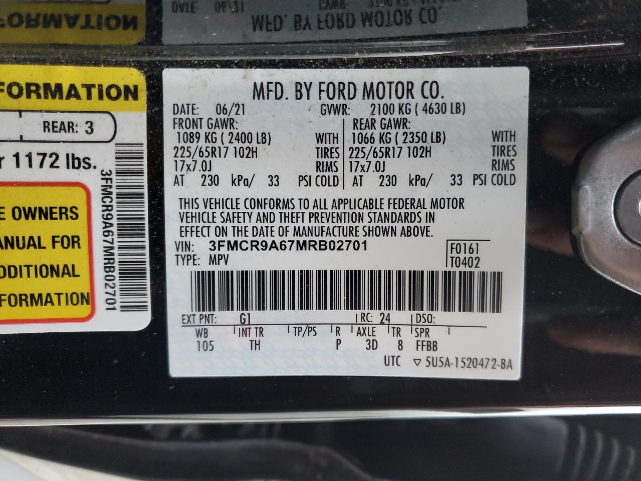 2021 FORD BRONCO SPO 1.5L 3 , VIN: 3FMCR9A67MRB02701